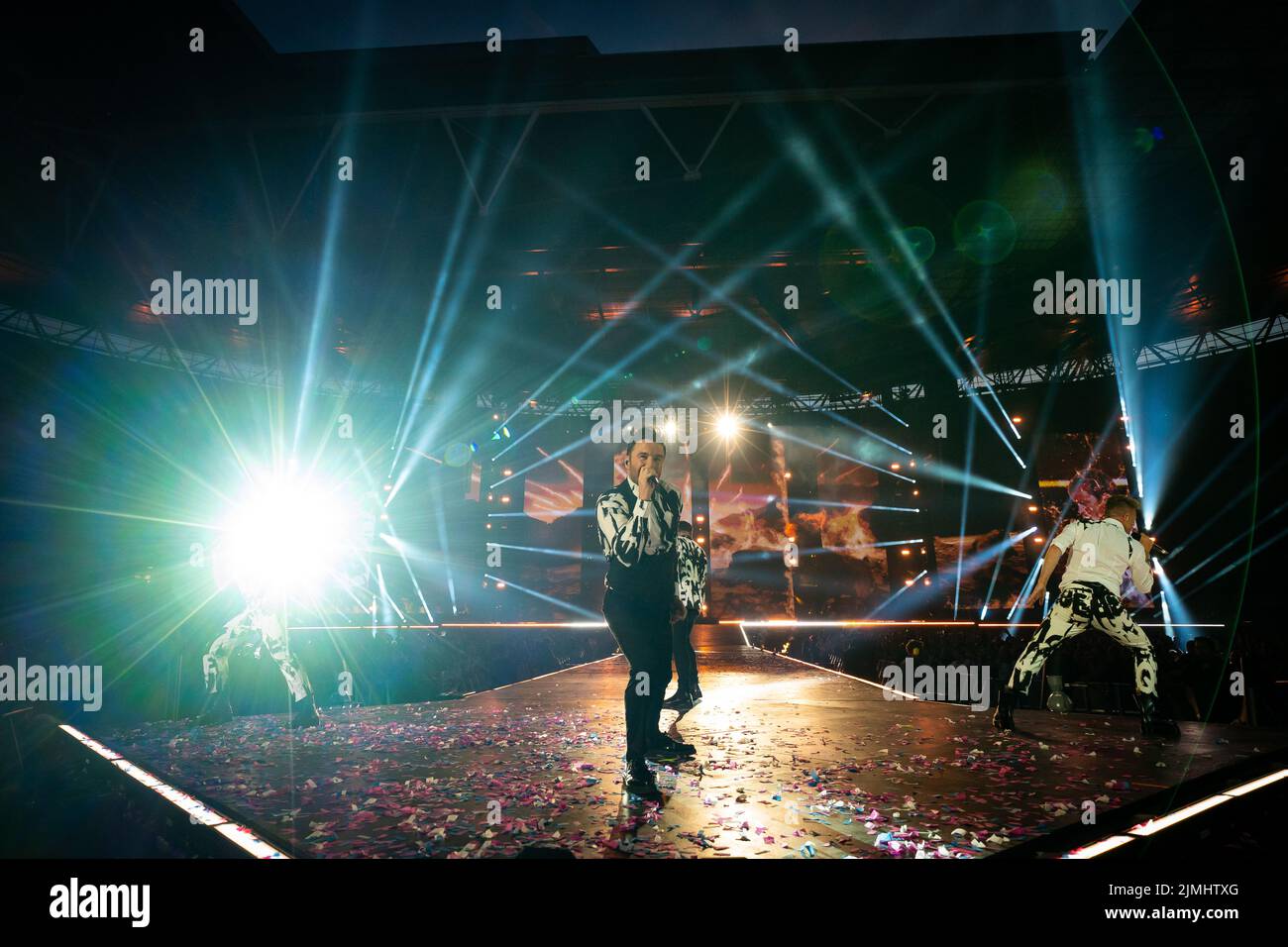 Westlife on stage at Wembley Stadium, London, during their sell-out ...