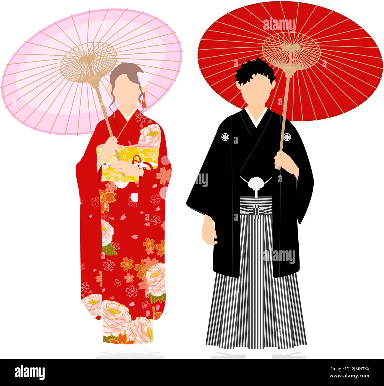 Kimono-clad men and women holding parasols, montsuki hakama and ...
