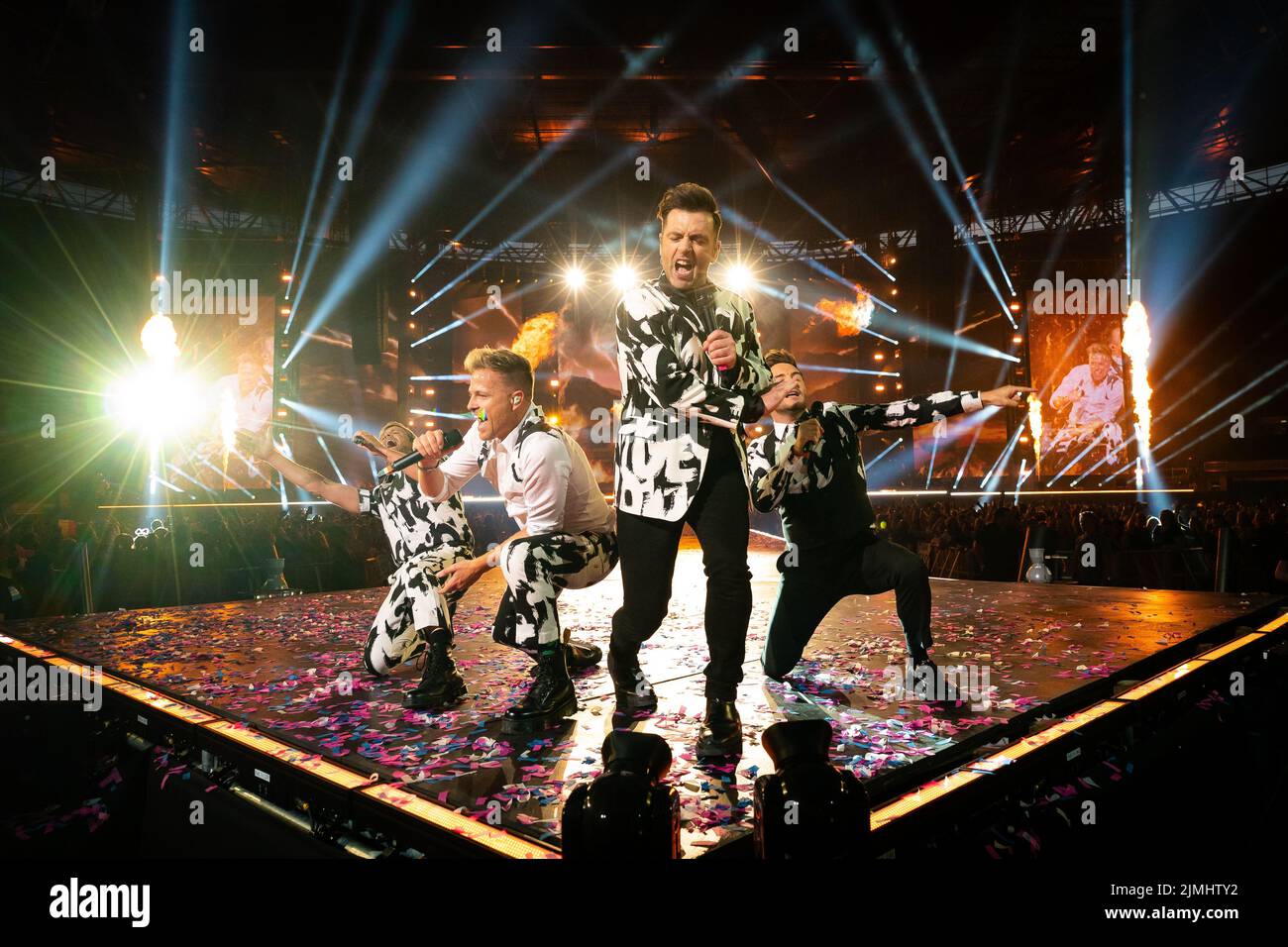 Westlife on stage at Wembley Stadium, London, during their sell-out ...