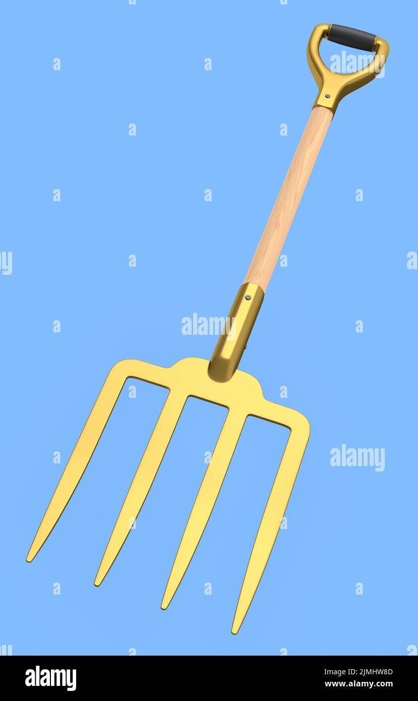 Garden pitchfork with wooden handle for harvesting hay isolated on blue ...