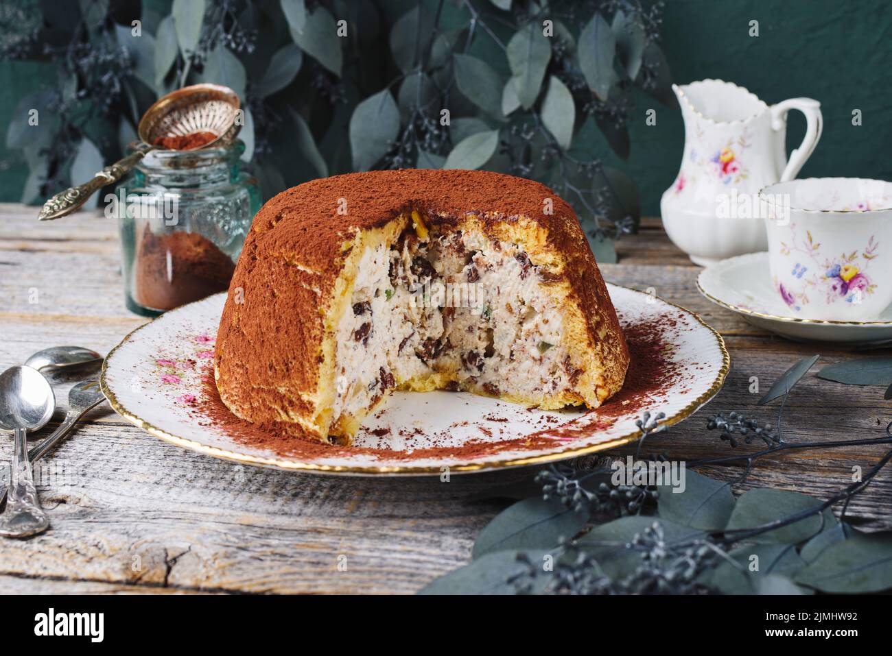 Traditional Italian Panettone cake stuffed with ricotta pudding Stock ...