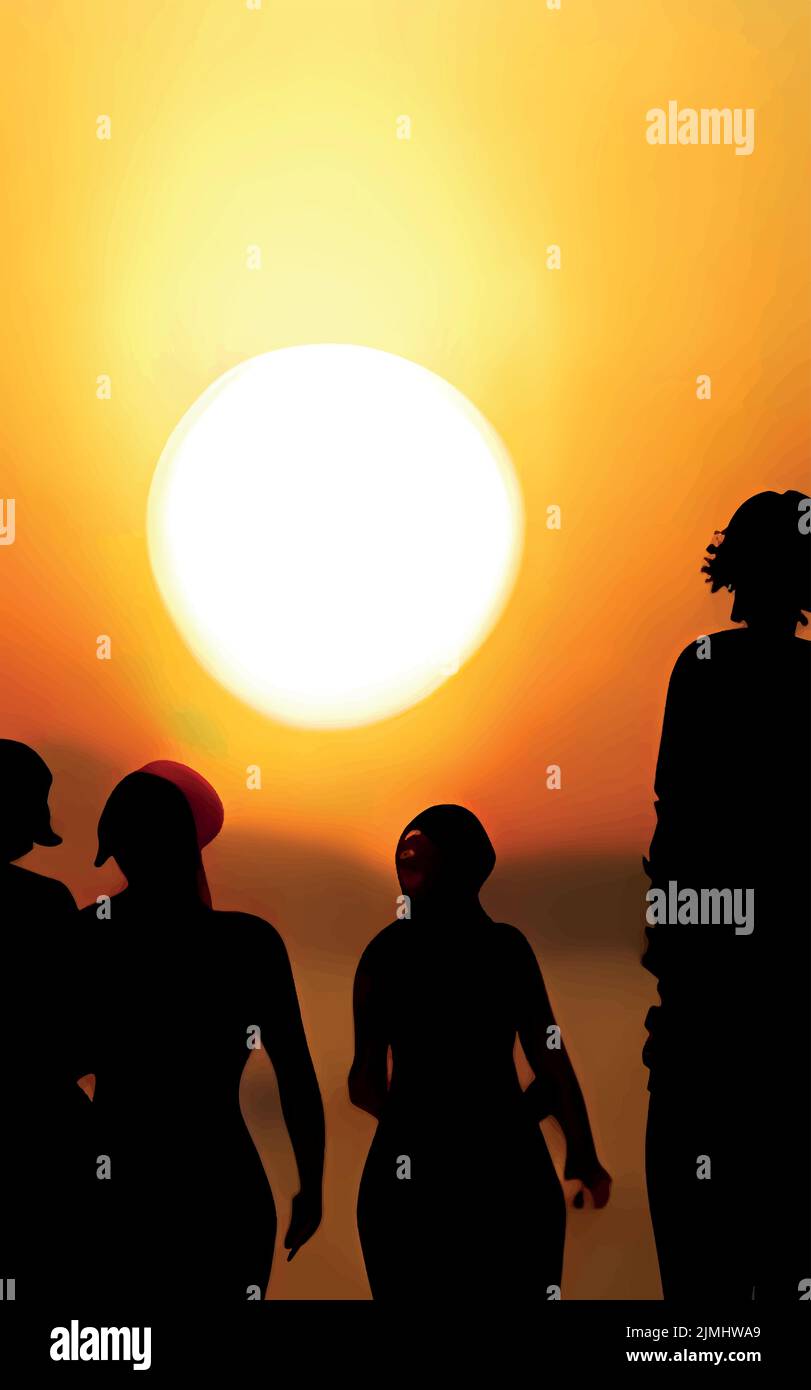A vertical design of people silhouettes on sunset background Stock ...