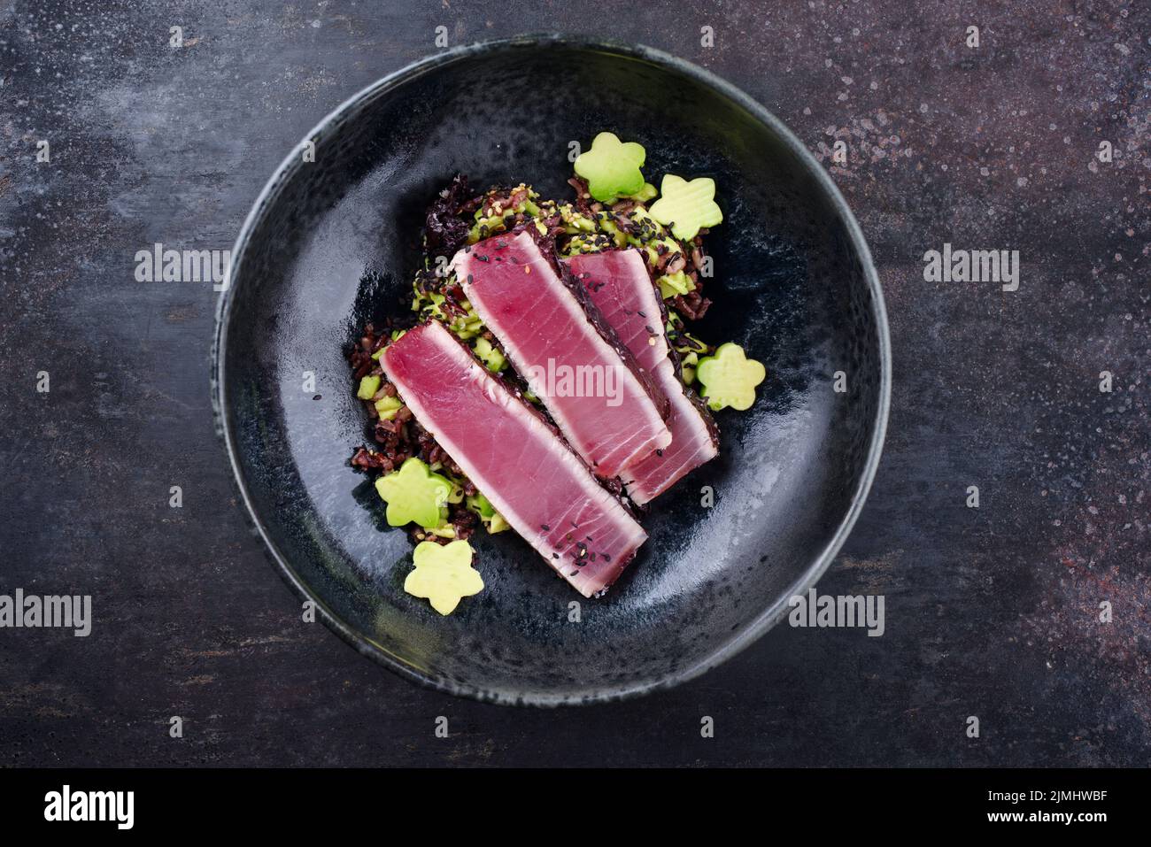 Modern style traditional Japanese gourmet seared tuna fish steak tataki ...