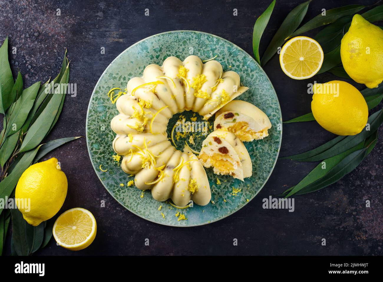 Traditional Italian budino di ricotta cheese pudding cake with raisins ...