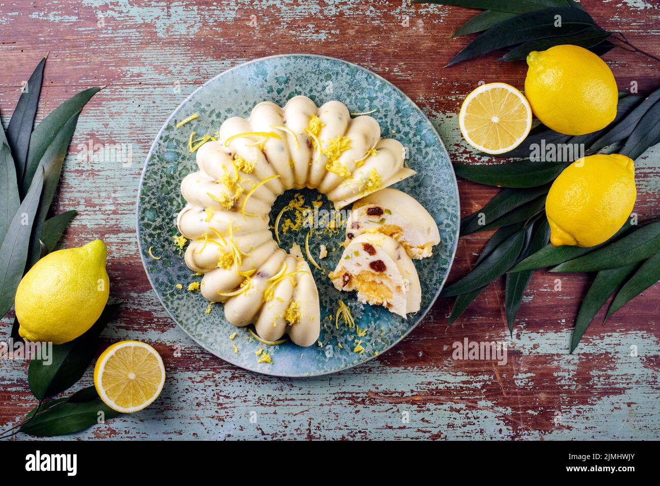Traditional Italian budino di ricotta cheese pudding cake with raisins ...