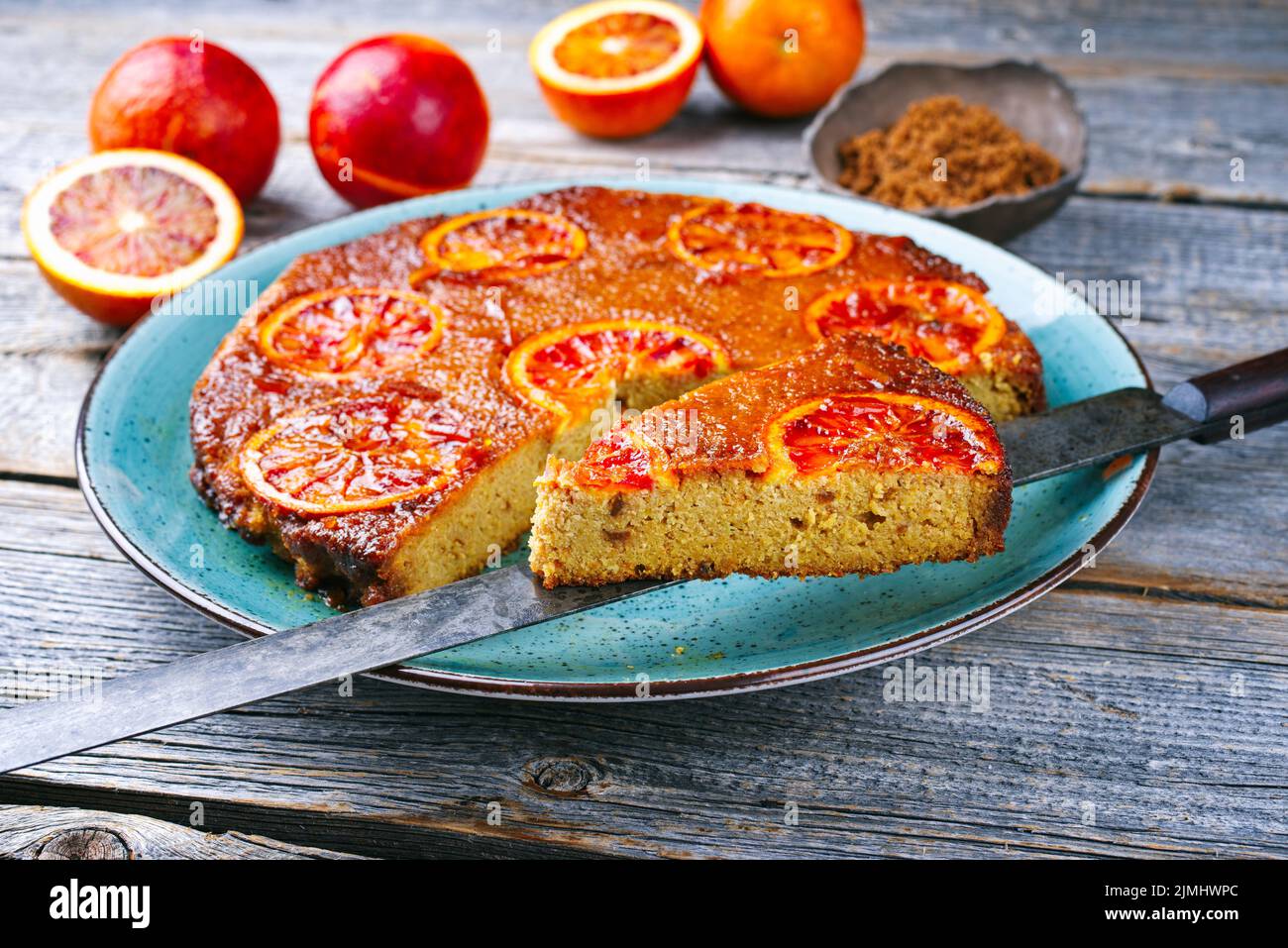 Modern style traditional Italian blood orange ricotta pie with fruits ...