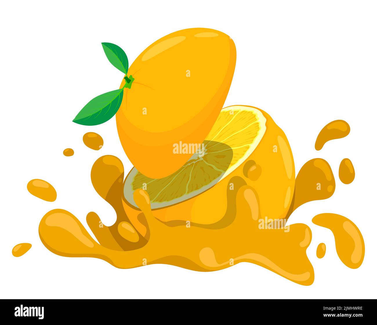 Orange cut in half falls into refreshing orange juice. Citrus juice ...