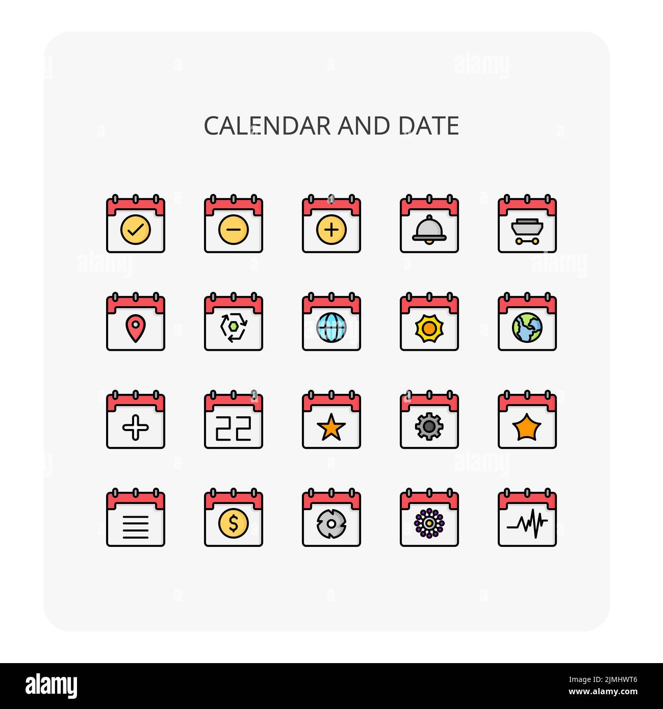 A set of colorful calendar and date icons with a white background Stock ...