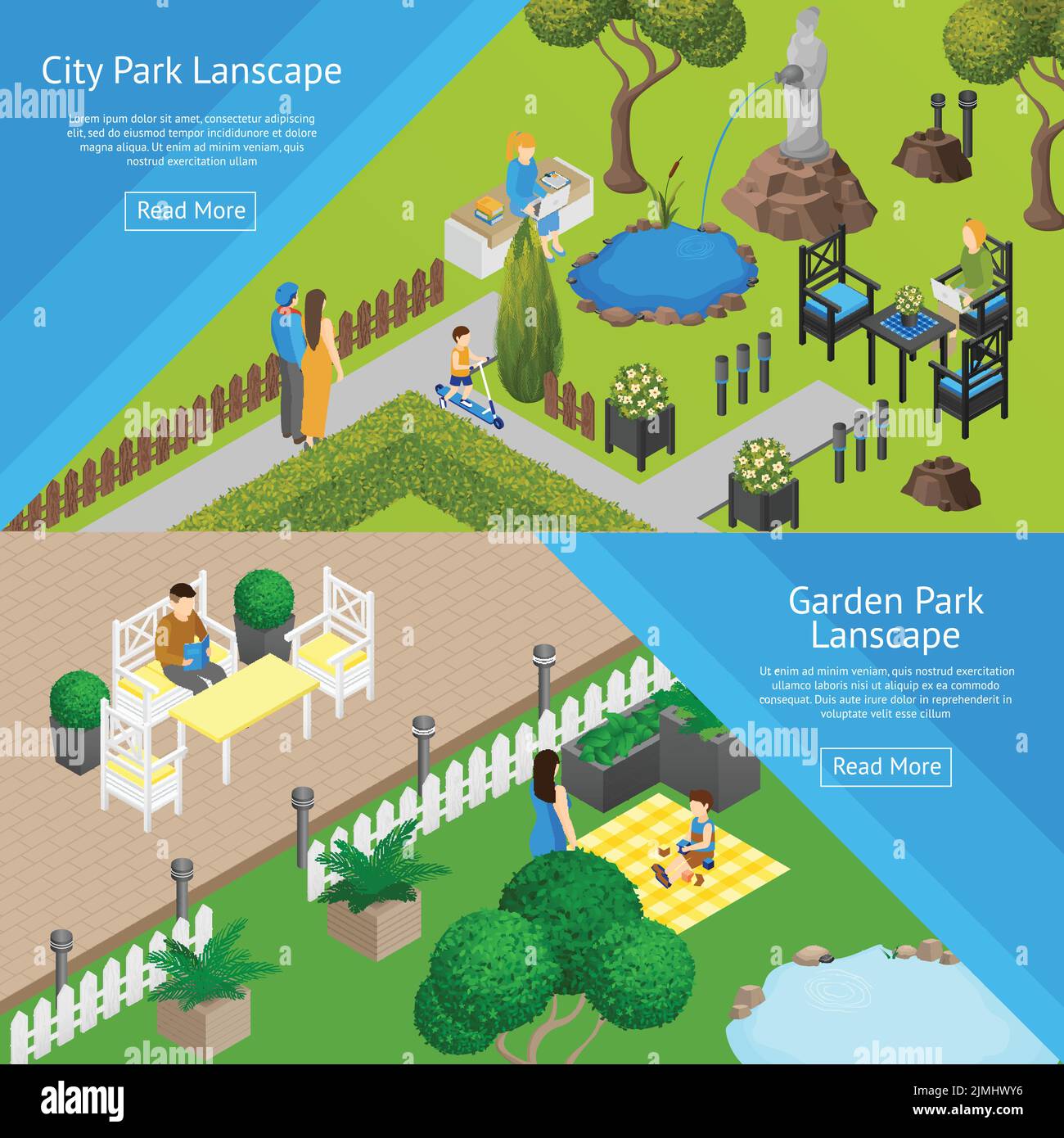 Horizontal banners of public relaxation place city and garden parks ...