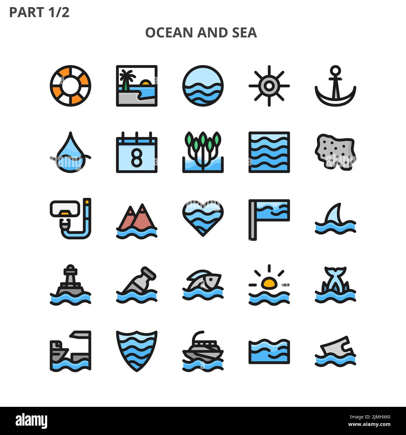 A set of colorful icons of ocean and sea with a white background Stock ...
