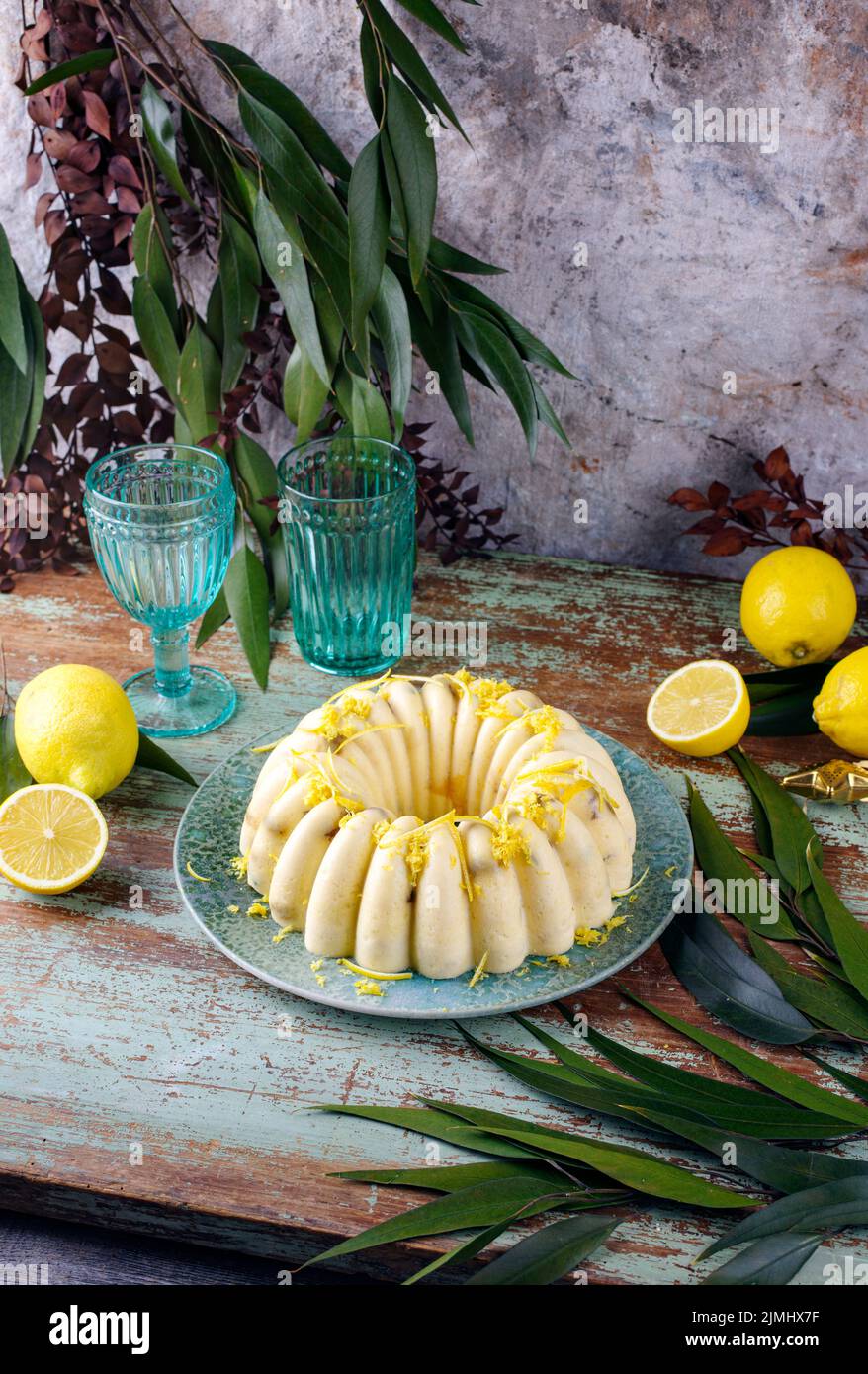 Traditional Italian budino di ricotta cheese pudding cake with raisins ...