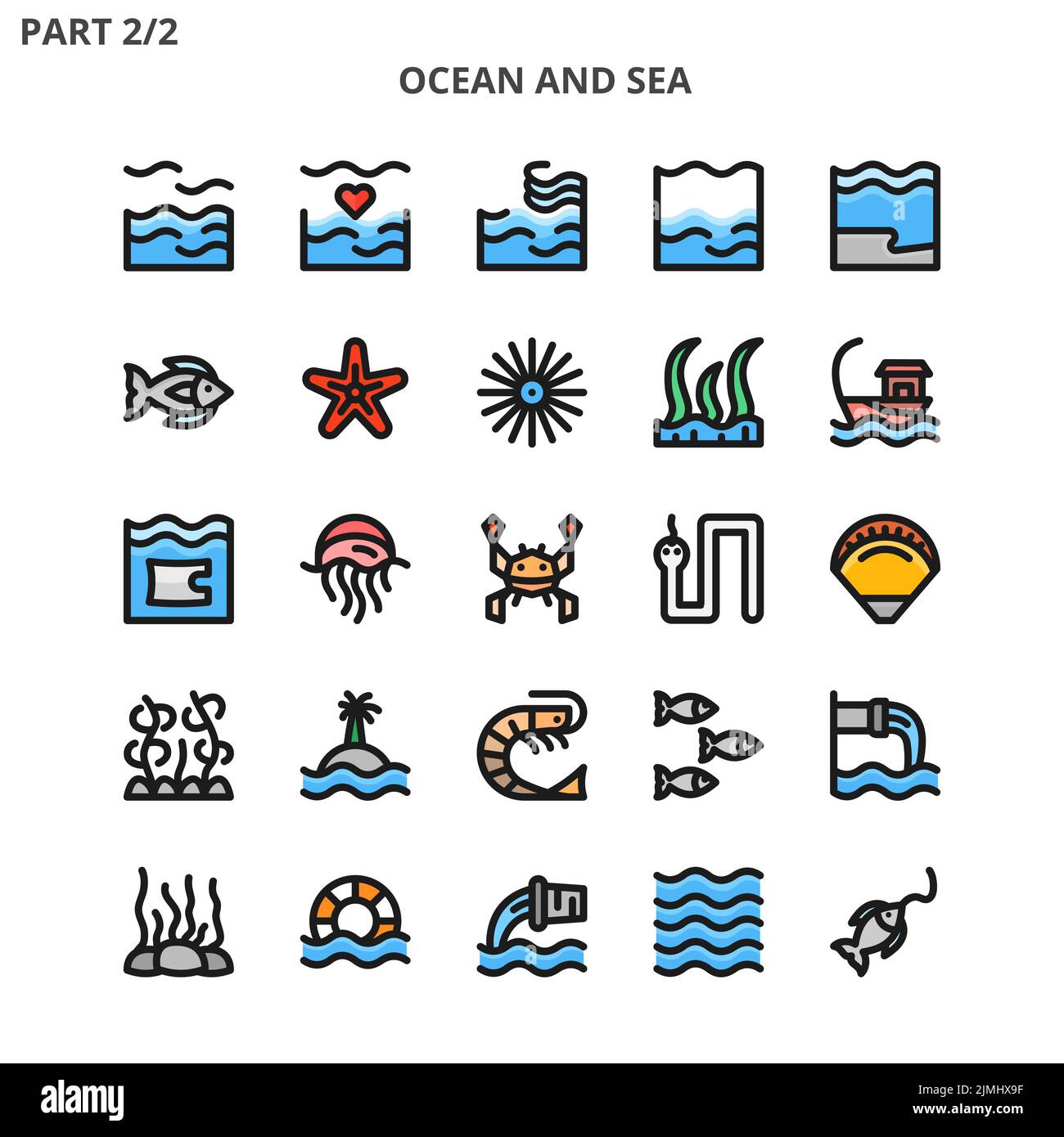 A set of colorful icons of ocean and sea with a white background Stock ...