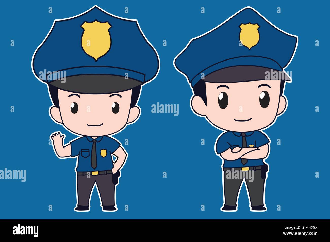 The character of Chibi Kawaii, a boy in a blue police uniform, waves ...