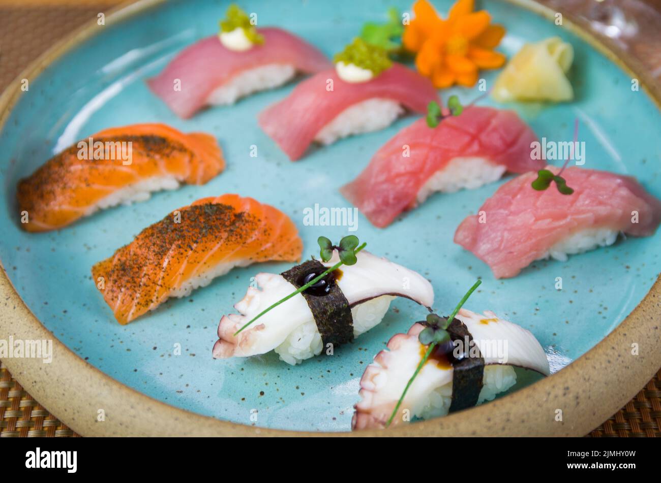 Assorted premium tuna and salmon nigiri sushi Stock Photo - Alamy