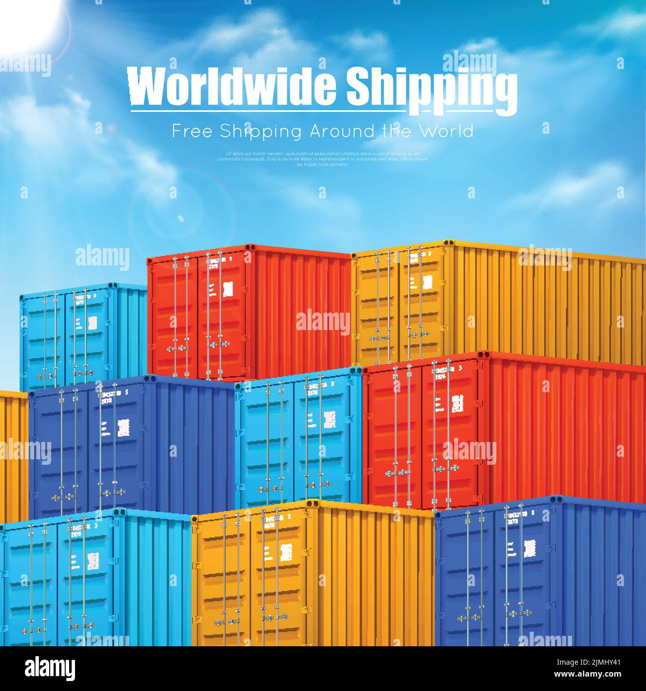 Pyramid of different colors cargo containers on sky background ...