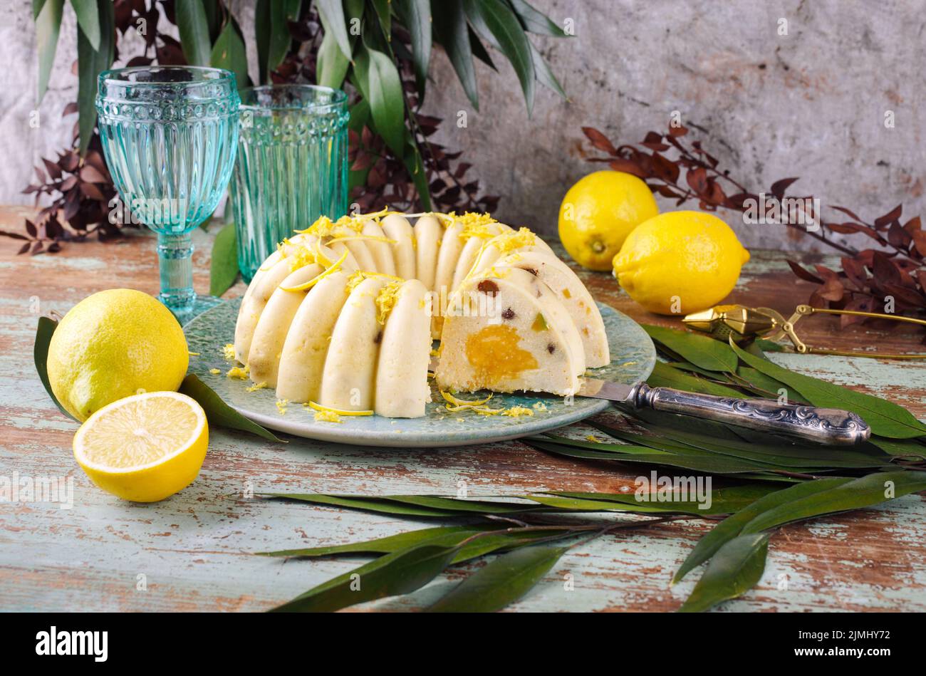 Traditional Italian budino di ricotta cheese pudding cake with raisins ...