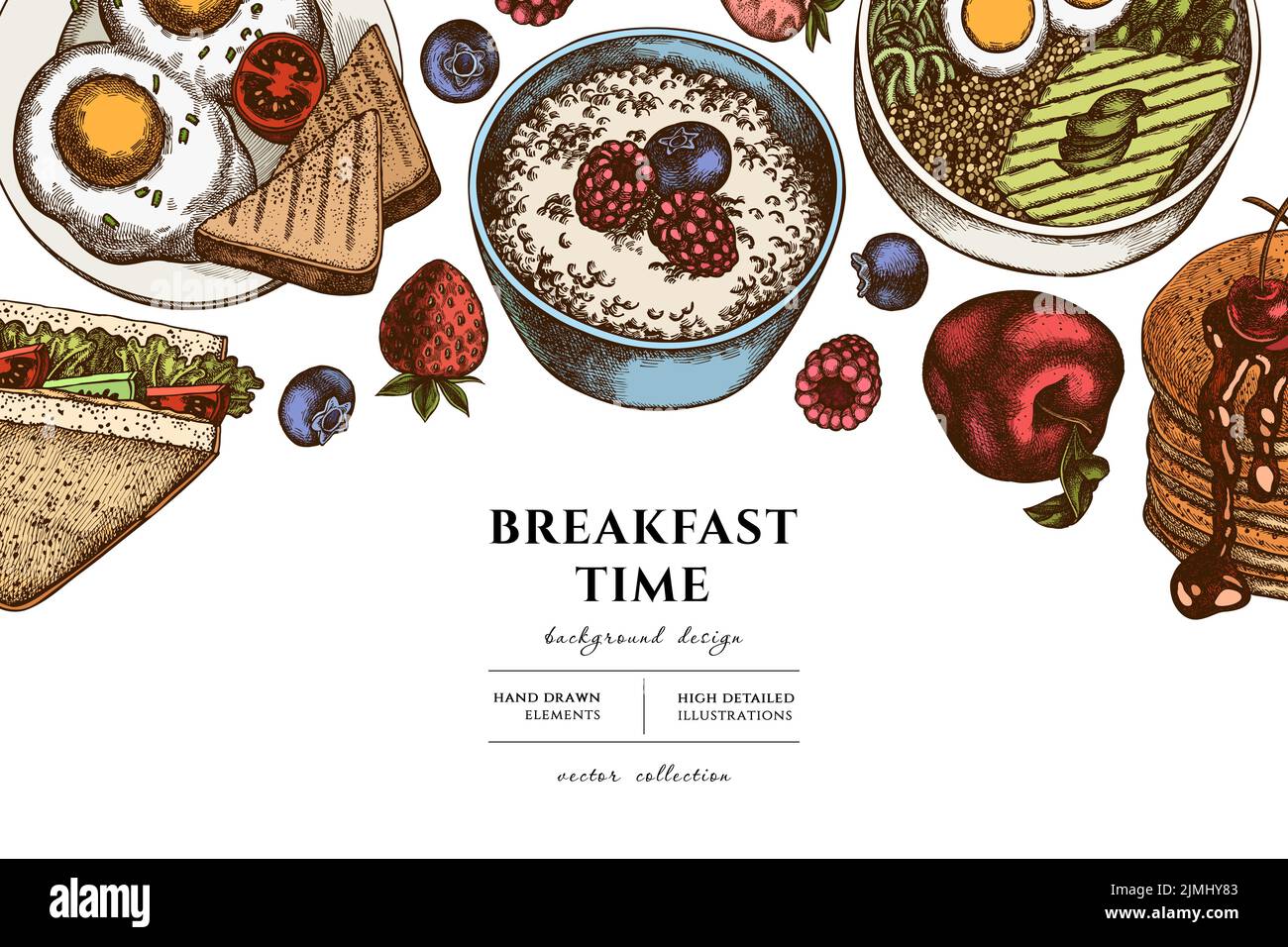 Breakfast hand drawn illustration design. Background with retro ...