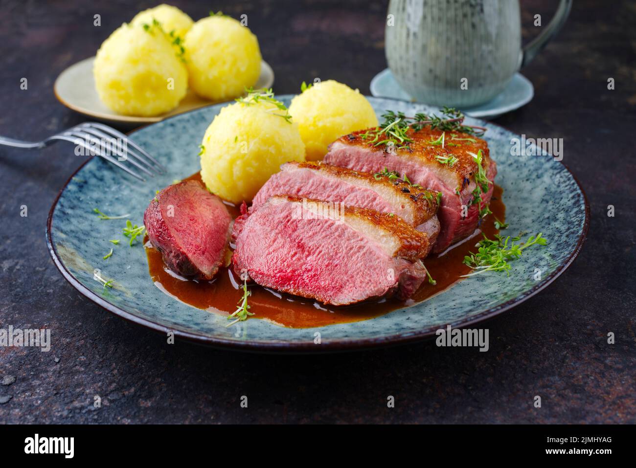 Traditional barbecue gourmet duck breast filet with skin served with ...