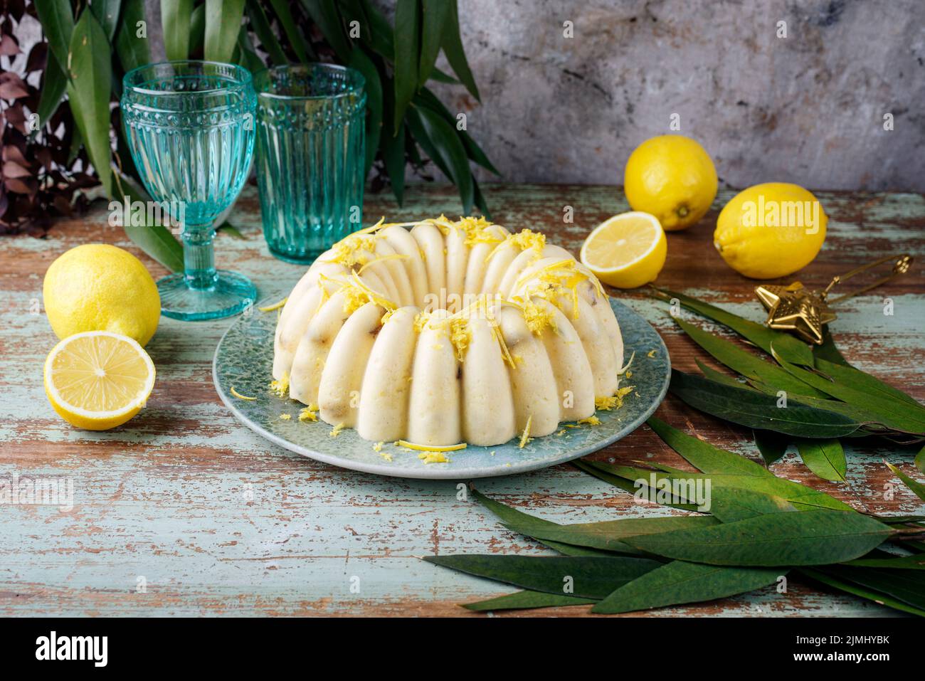 Traditional Italian budino di ricotta cheese pudding cake with raisins ...
