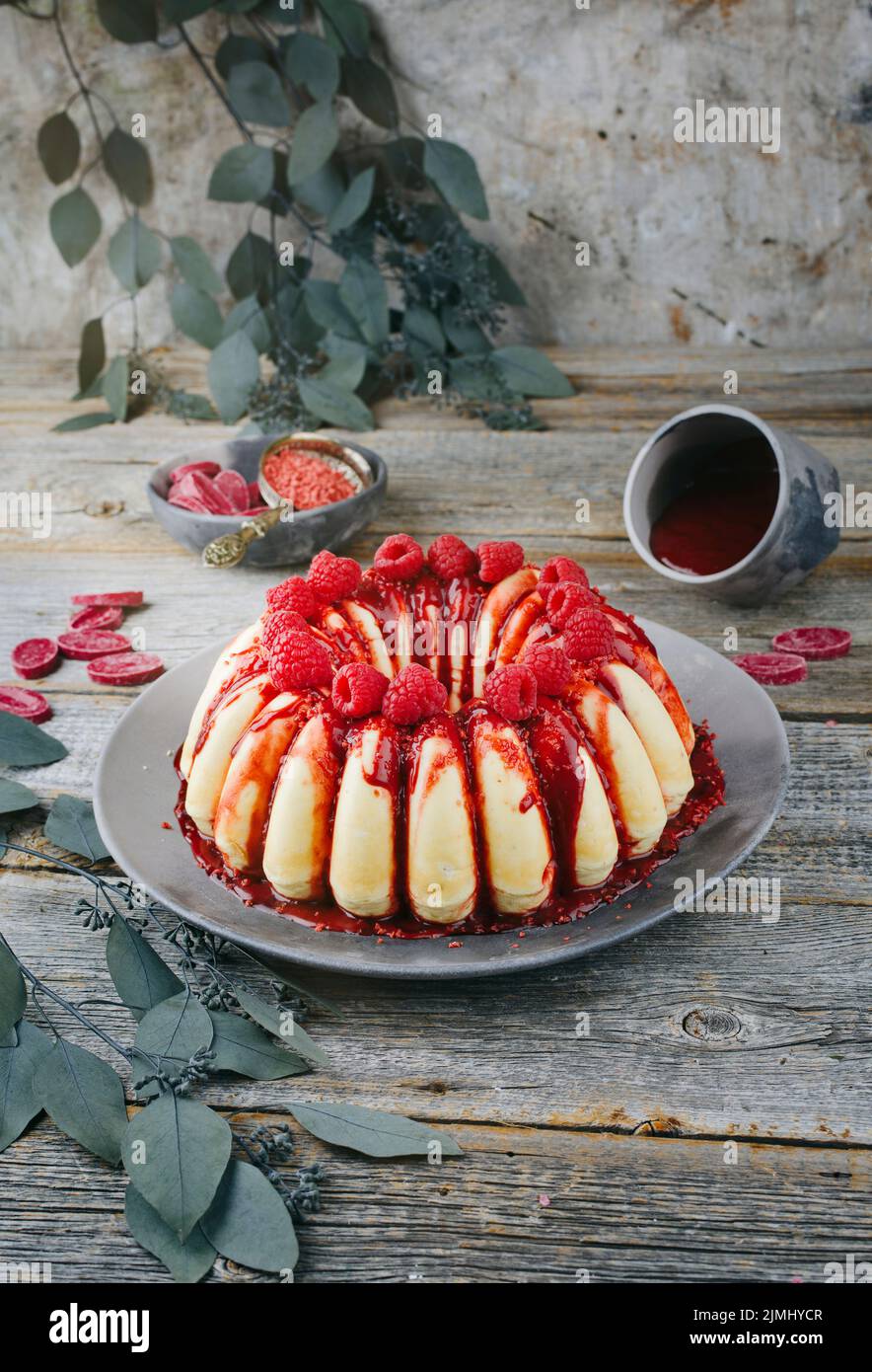 Traditional bundt cheese pudding cake with chocolate crÃ¨me and ...
