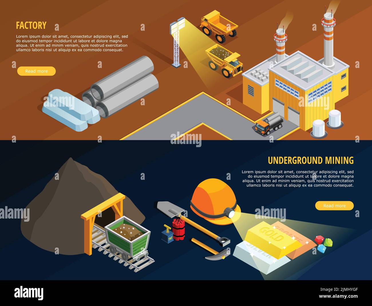 Mining horizontal banners set with underground mining symbols isometric ...