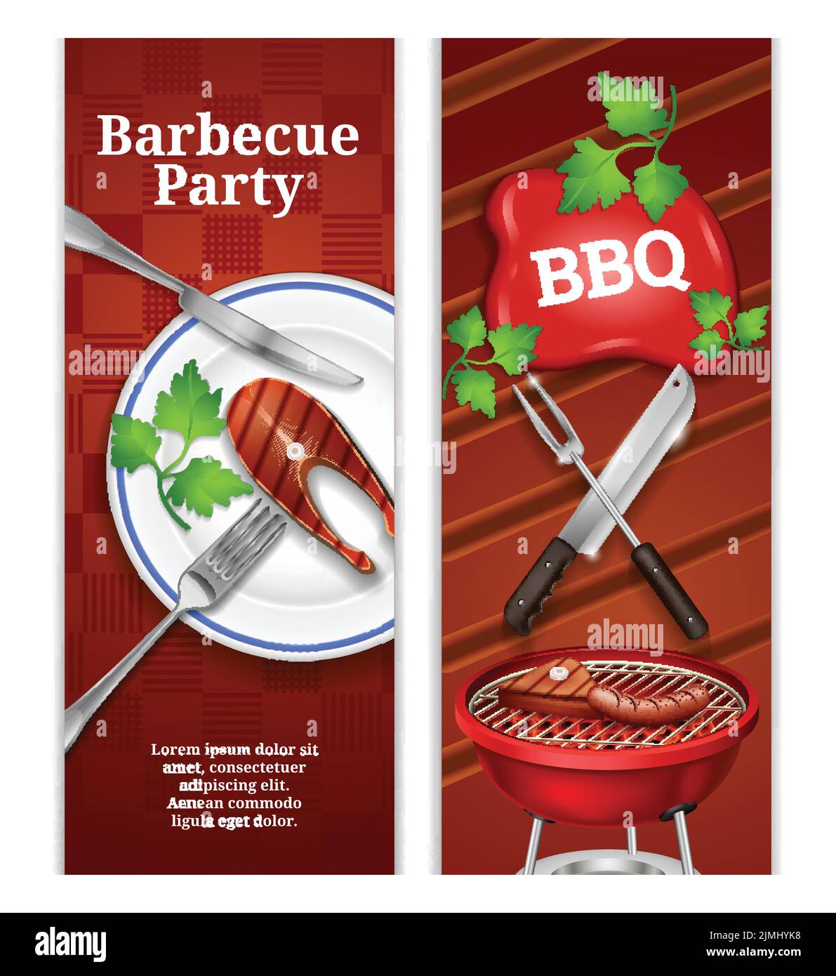 Bbq vertical banners with juicy steak on plate and grilled meat ...