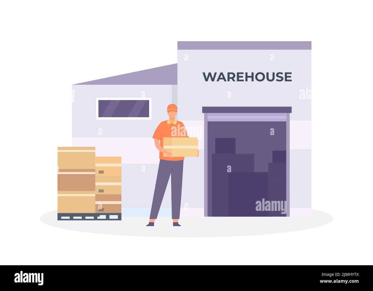 Global logistic chain. Male character carrying parcels to warehouse ...