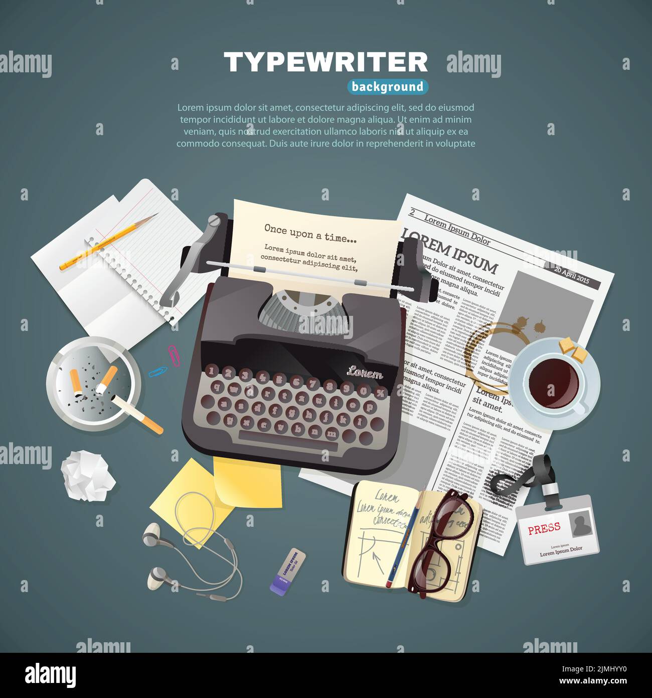 Flat background with journalist typewriter and different tools and ...