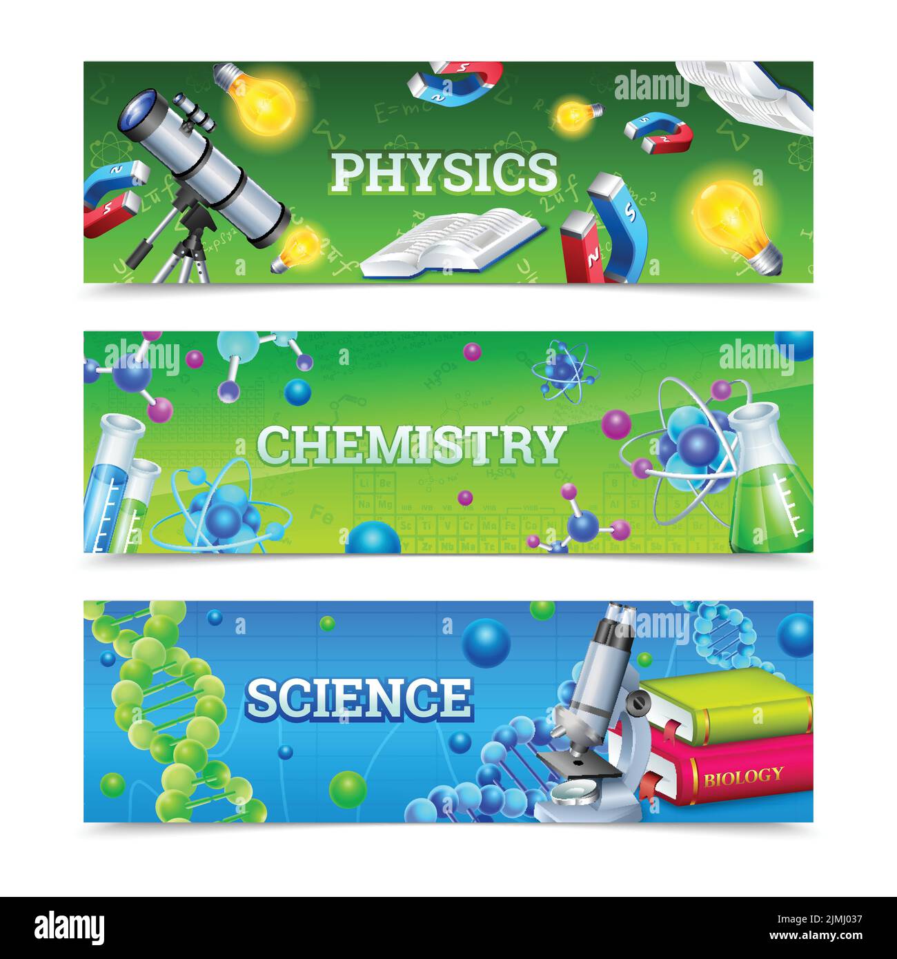 Science horizontal banners set with icons collection for chemical ...