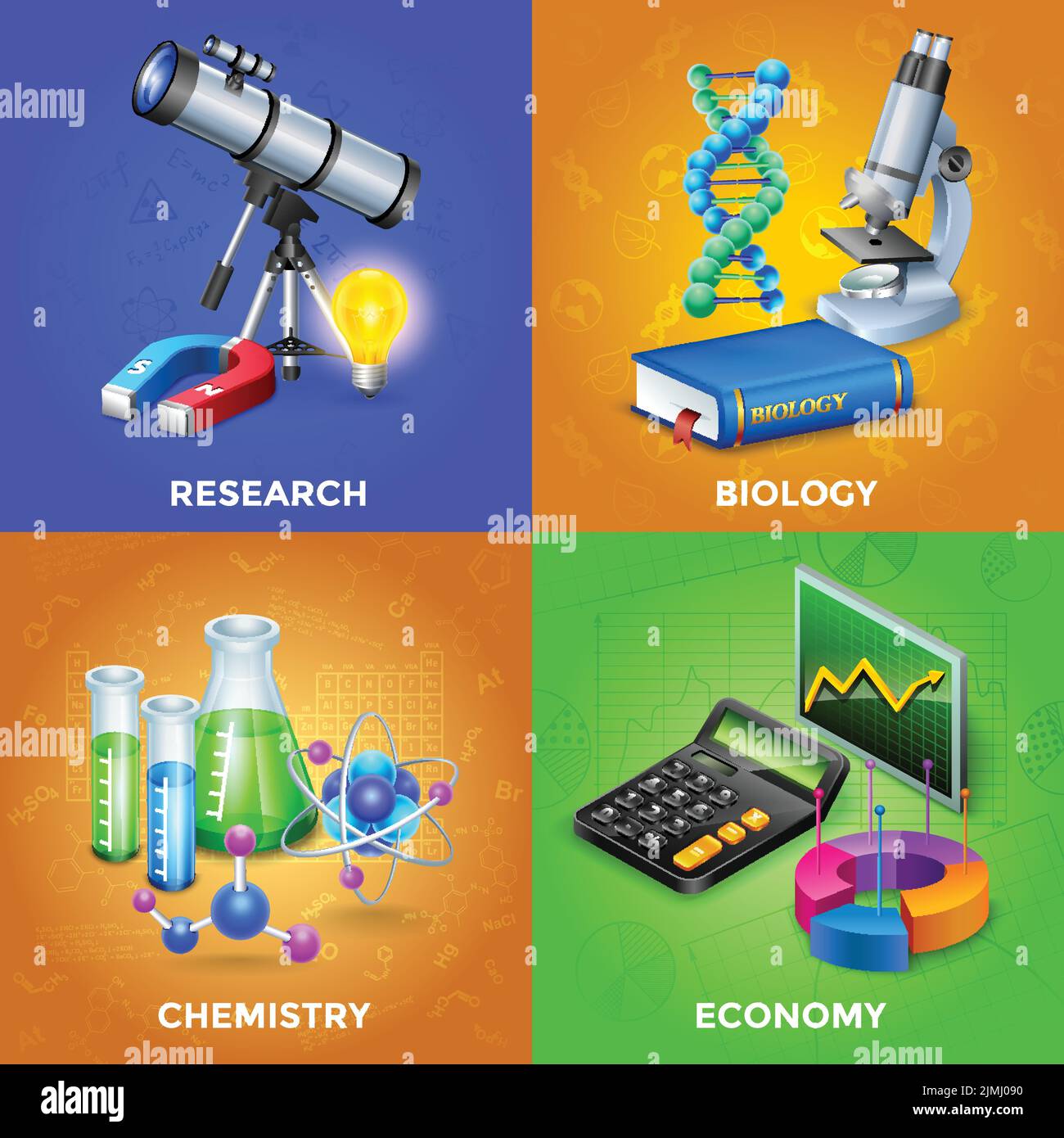 Science 2x2 design concept set with equipment for chemical biological ...