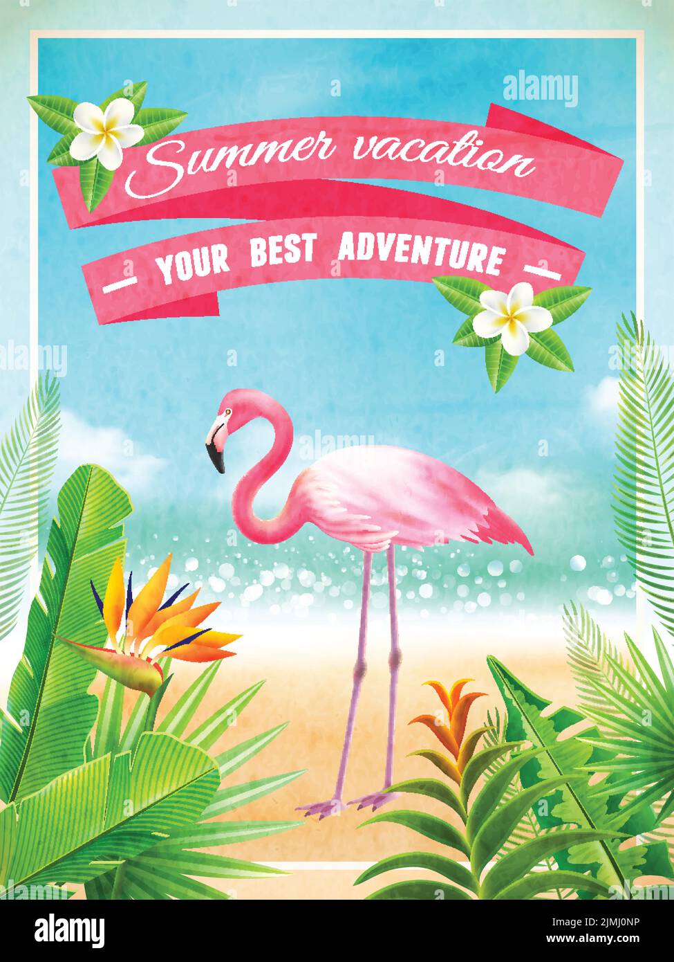 Exotic beach paradise vacation advertisement poster with pink flamingo ...