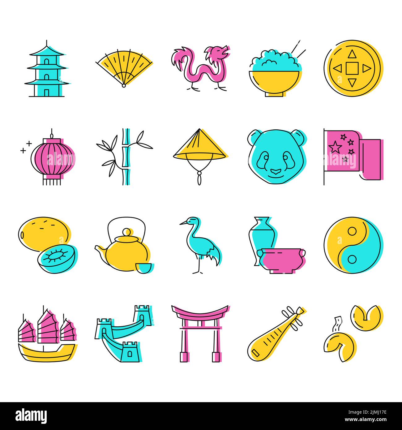 China icon set in colored line style. Chinese traditional symbols ...
