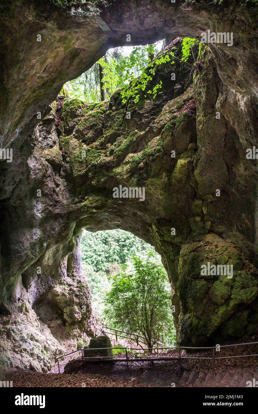 Natural cave with a staircase inside and a beautiful view of the forest ...