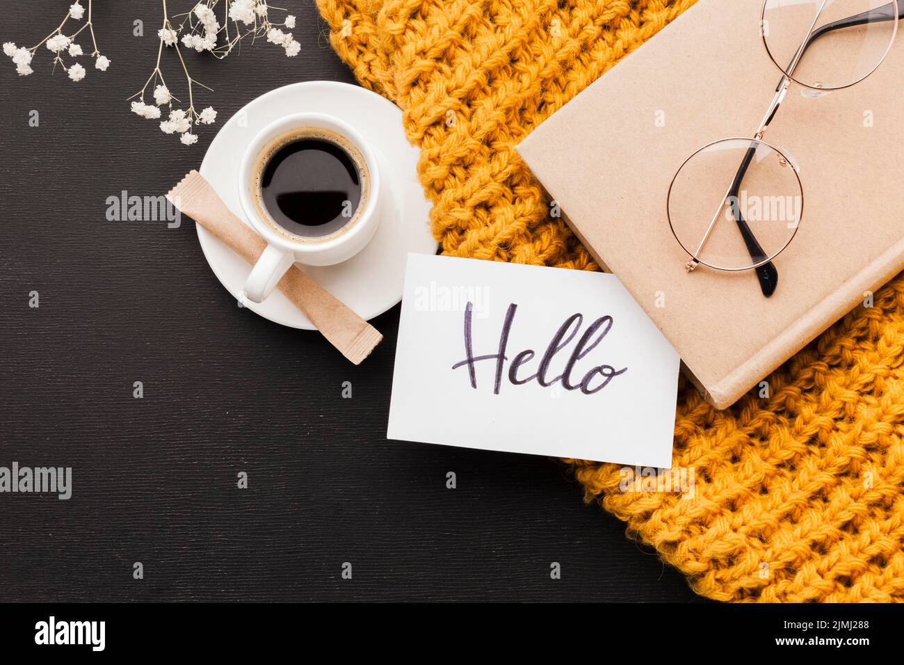 Hello morning message cup coffee Stock Photo - Alamy