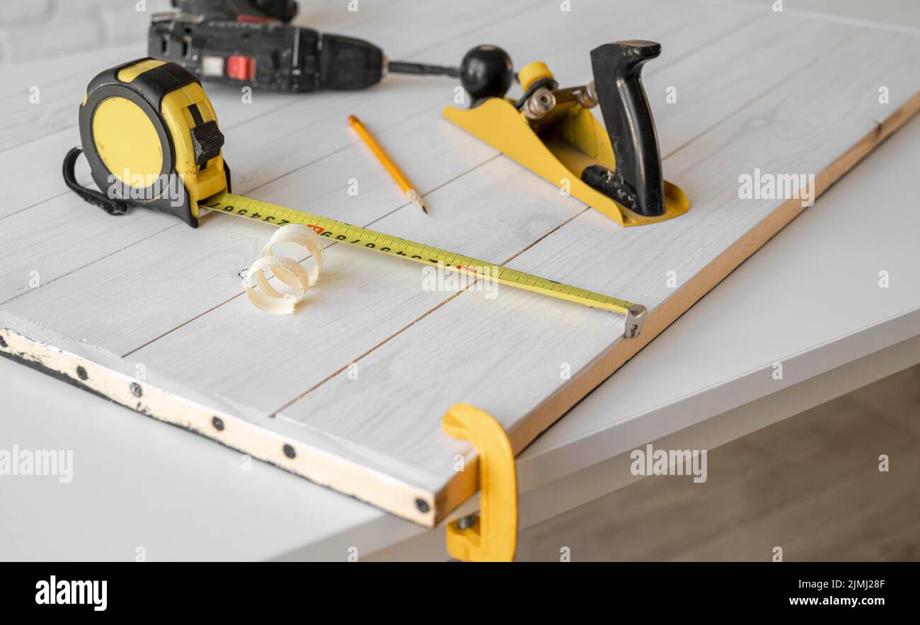 High angle wood crafting objects assortment Stock Photo - Alamy