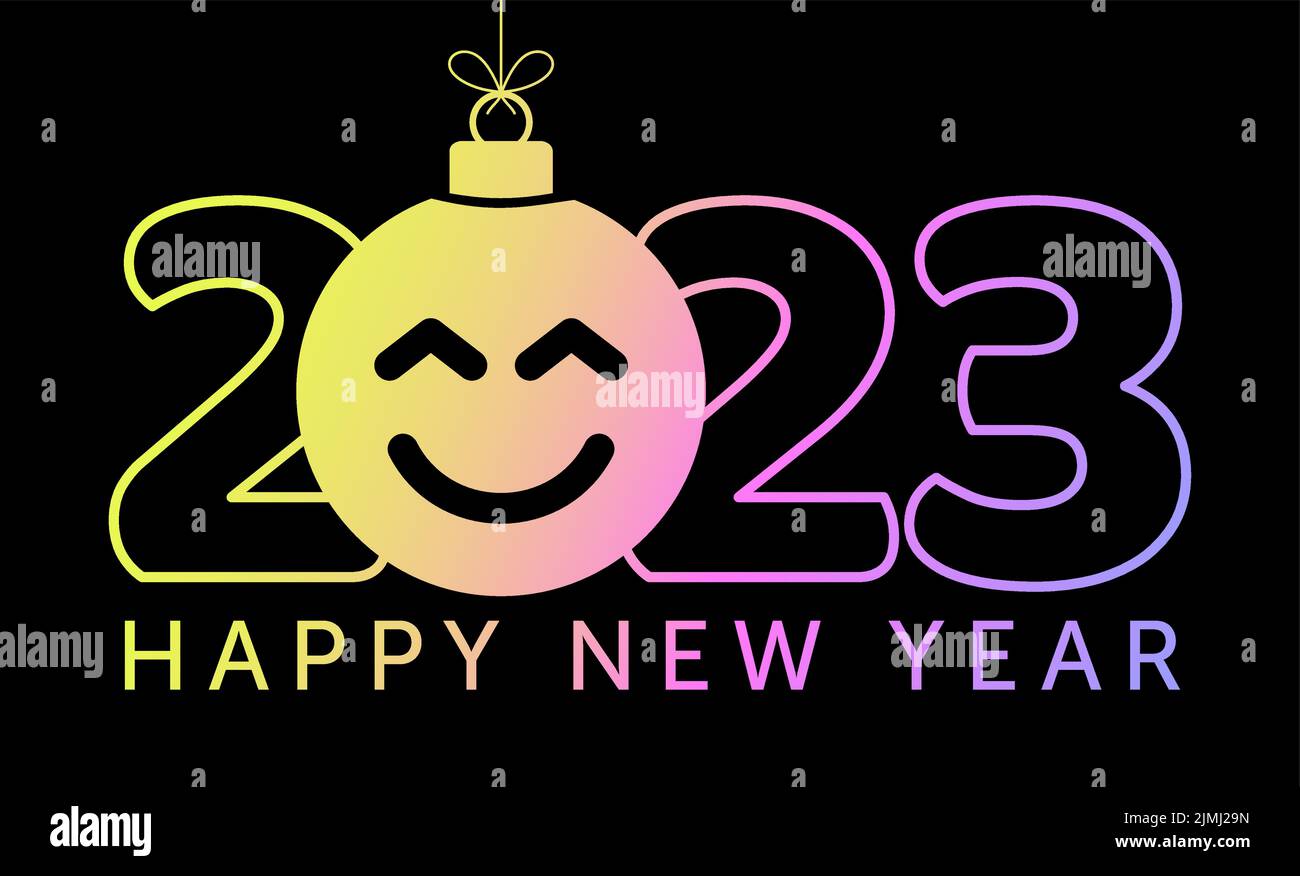 Greeting card for 2023 new year with smiling emoji face that hangs on ...