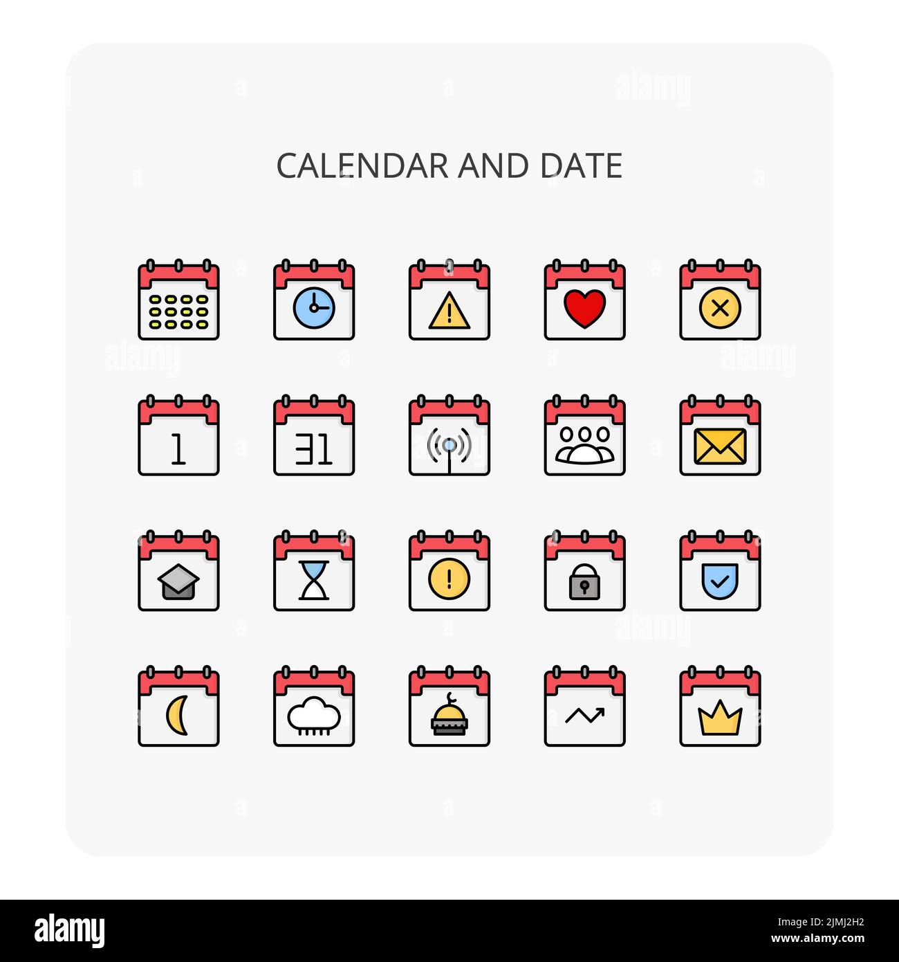 A set of colorful calendar and date icons with a white background Stock ...