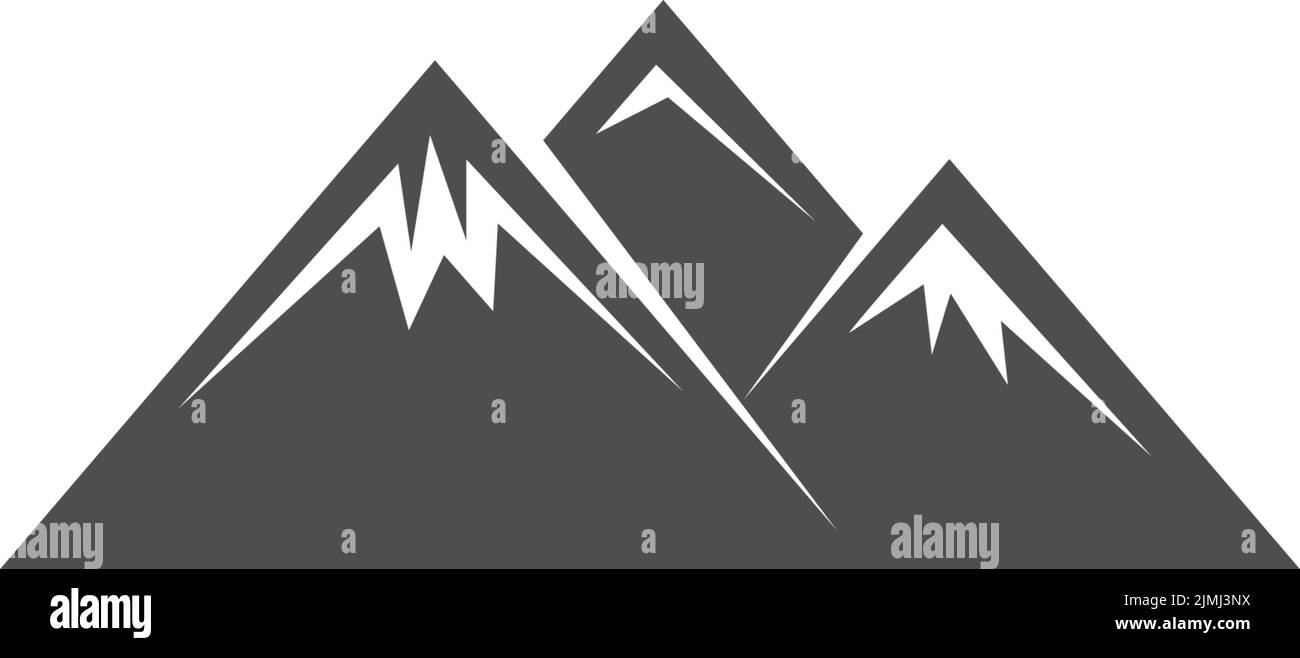 A vector icon of gray mountains with three snowy peaks isolated on a ...
