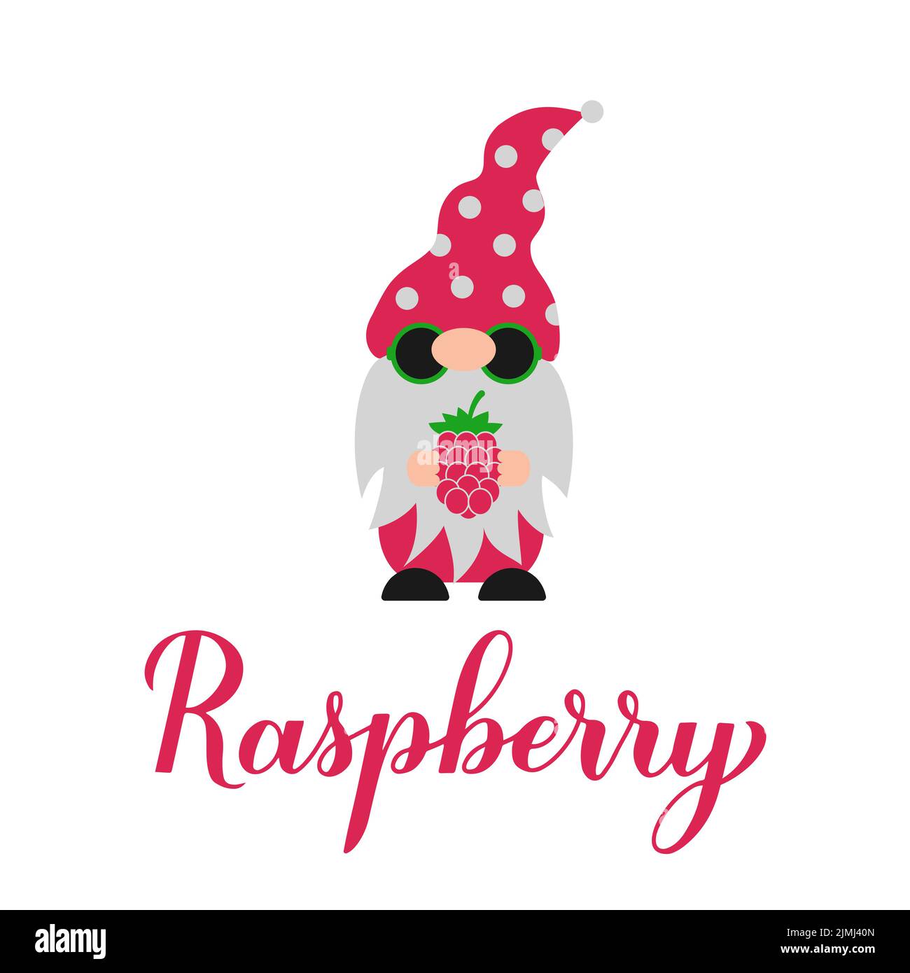Raspberry calligraphy lettering with cute gnome holding berry. Vector ...