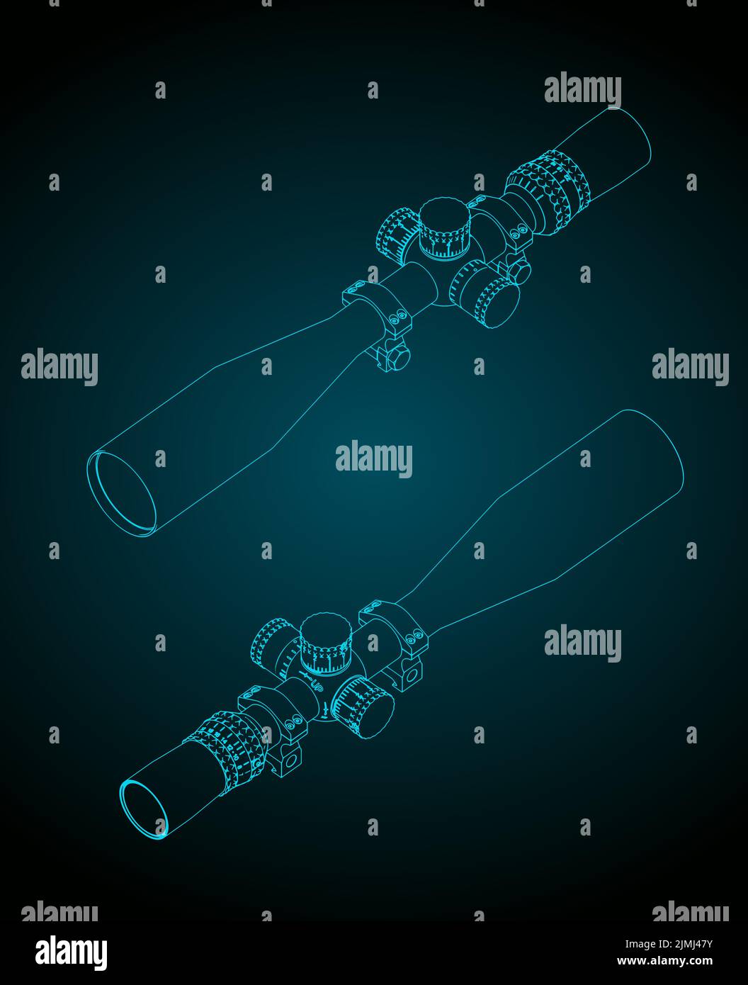 Stylized vector illustration of isometric blueprints of optical sight ...