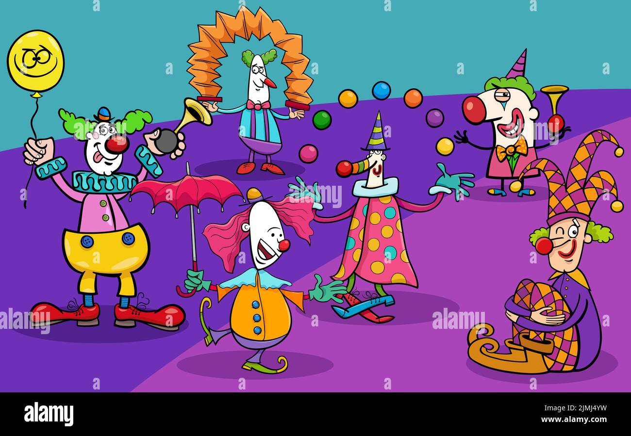 Cartoon funny circus clowns characters group Stock Photo - Alamy