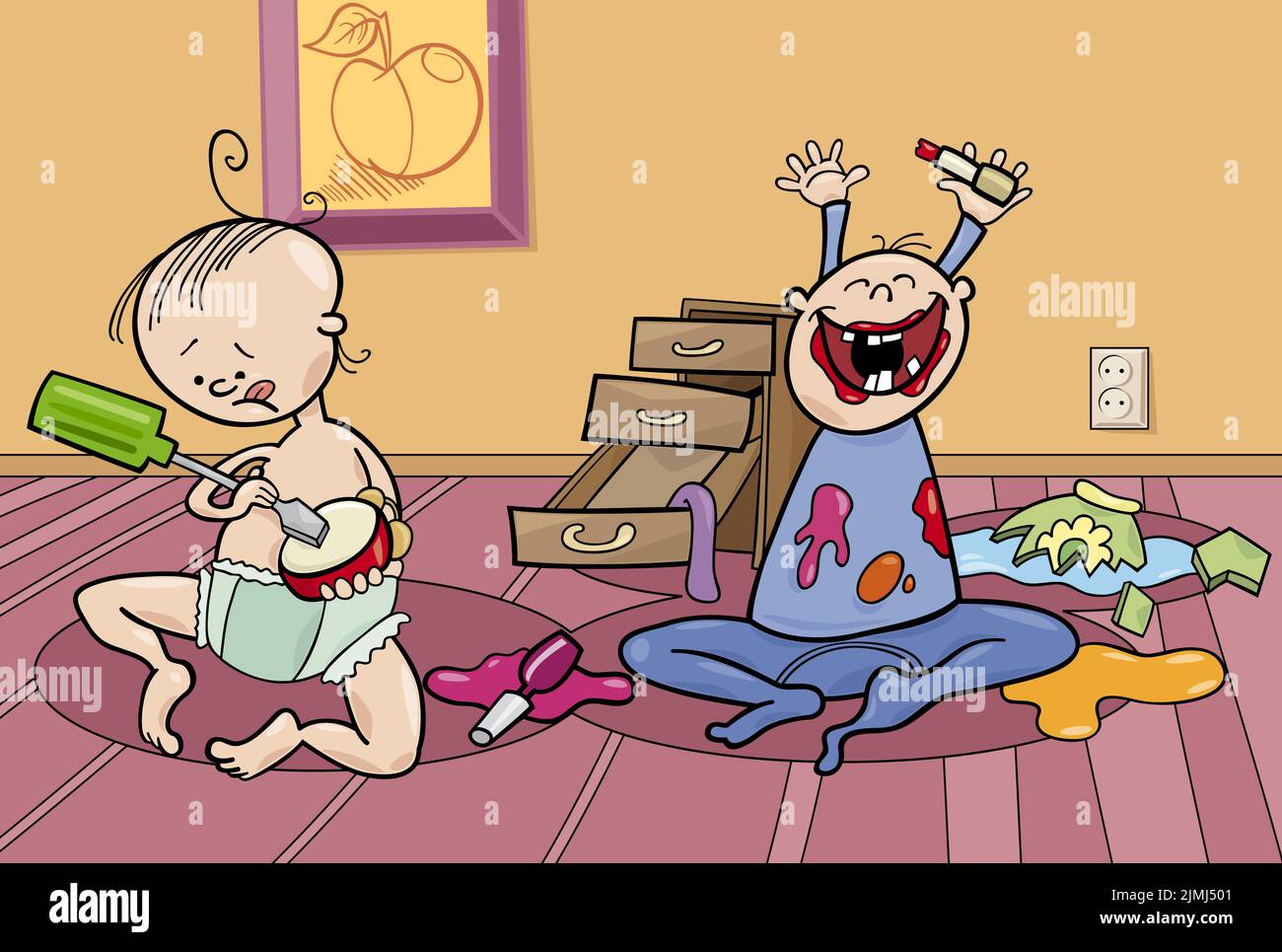 Cartoon baby boys playing and making a mess Stock Photo - Alamy