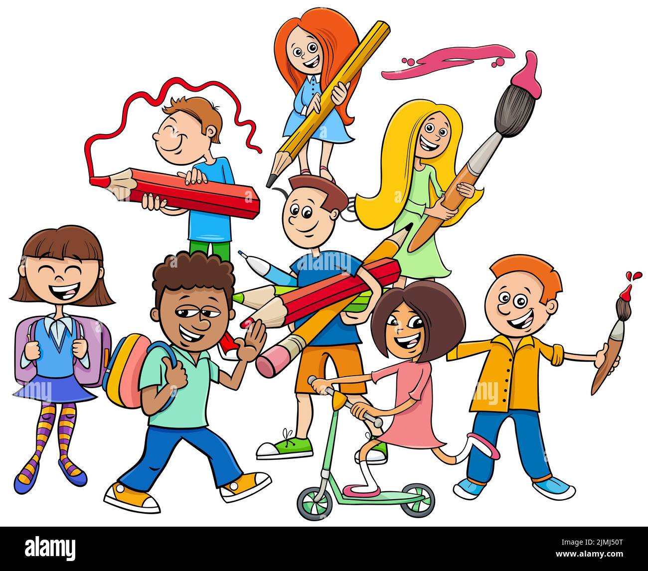 Happy cartoon elementary school students group Stock Photo - Alamy