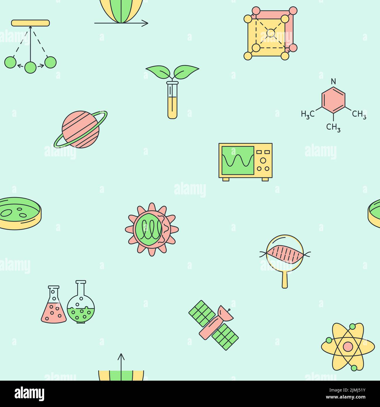 Science seamless pattern in colored line style. Background with ...