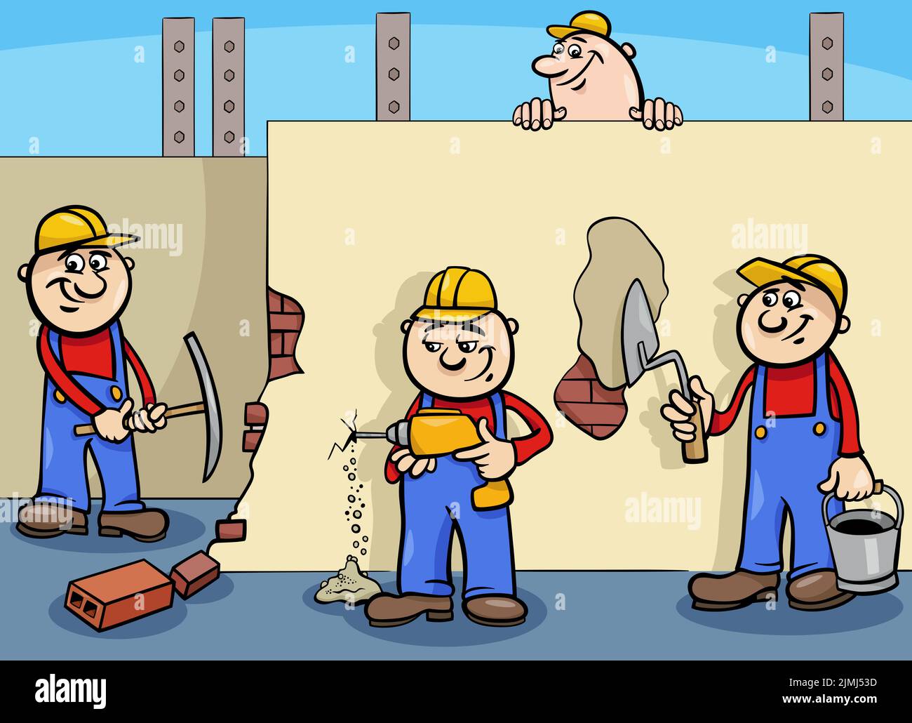 Cartoon manual workers or builders characters at work Stock Photo - Alamy