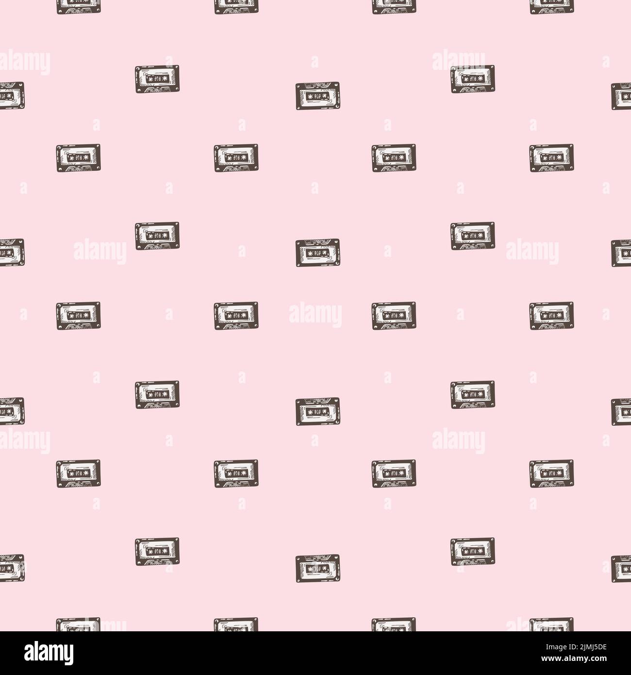 Audio cassette tape engraved seamless pattern. Vintage music cassette ...