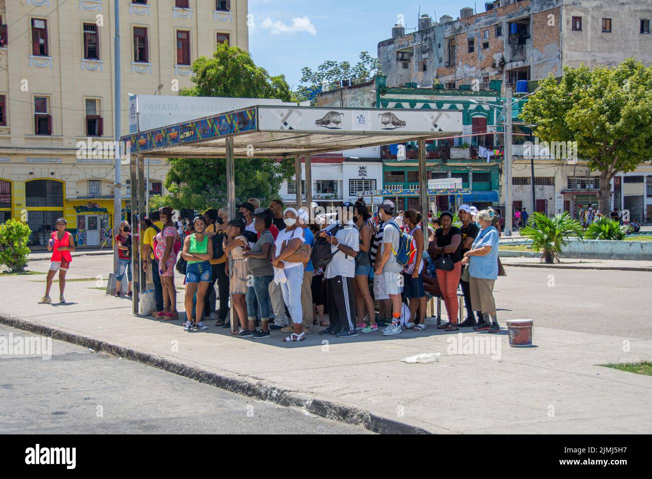 A packed group of people under the canopy, waiting for a bus to arrive ...