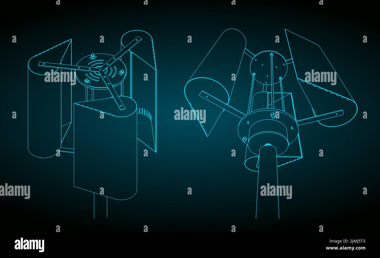Stylized vector illustration of drawings of vertical axis wind turbine ...