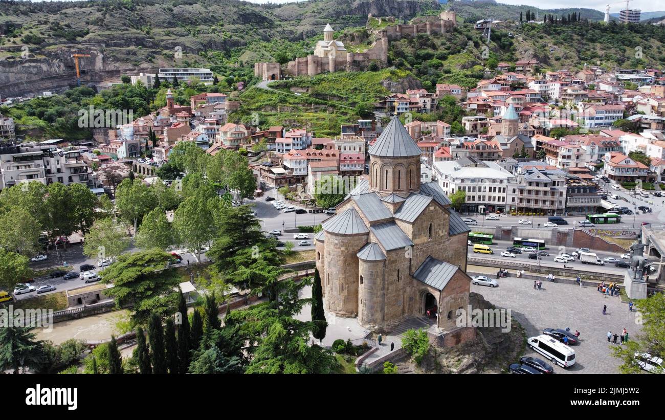 An aerial view of the historic Metekhi St. Virgin Church in Tbilisi ...