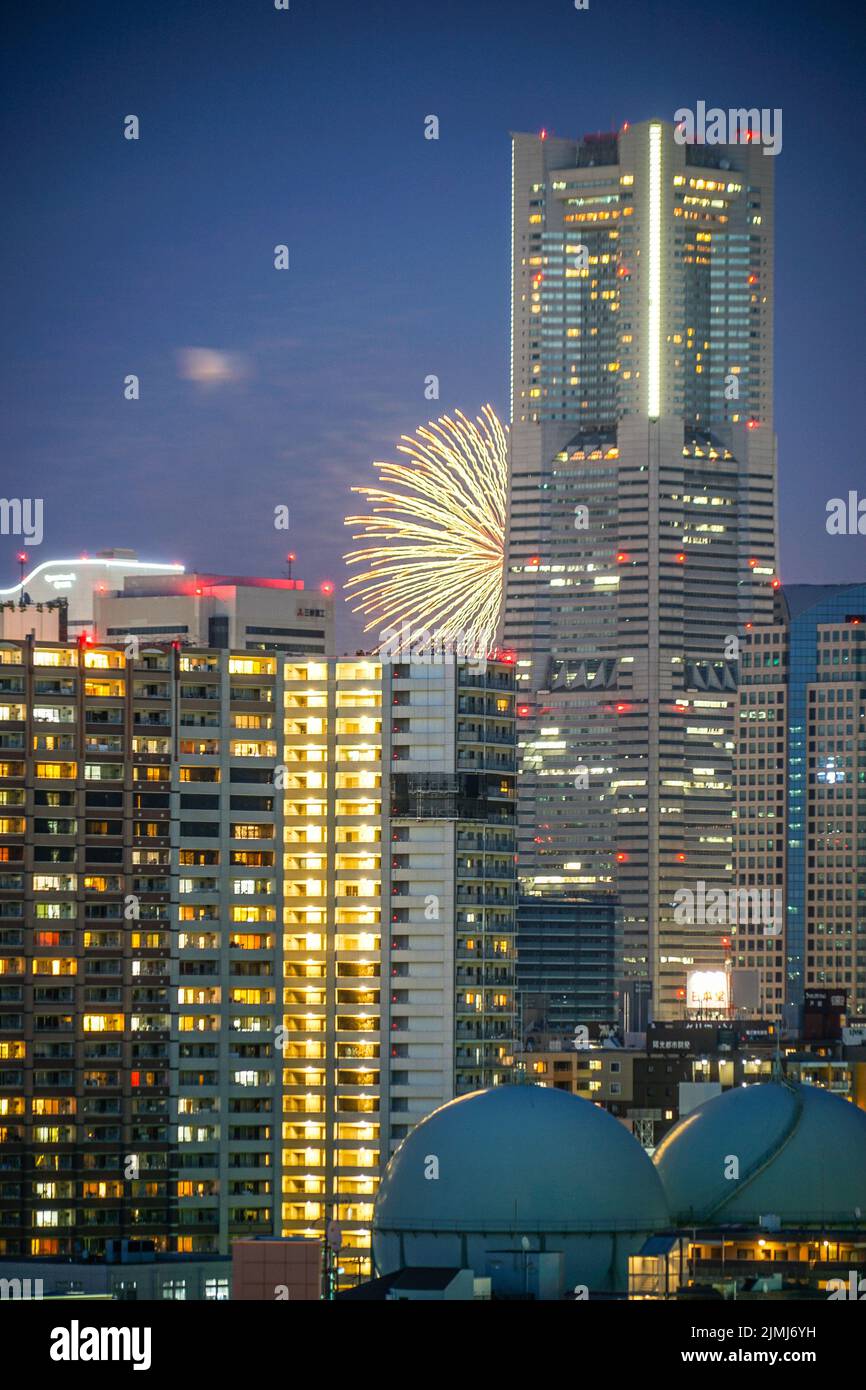 Minato Mirai skyline and fireworks Stock Photo - Alamy